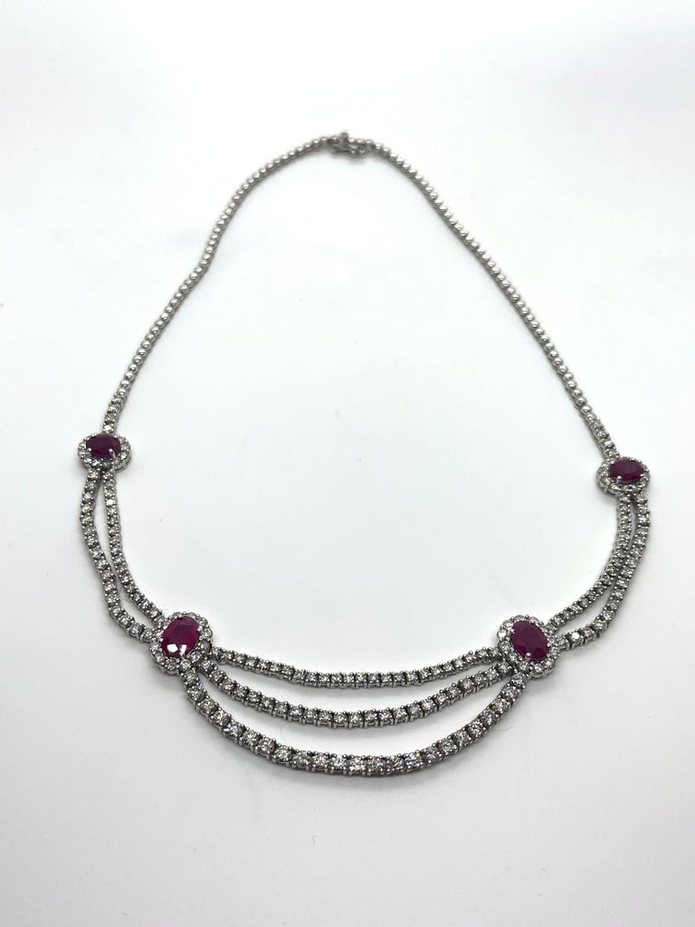 Vintage Diamond Ruby Necklace 18 Karat White Gold For Sale at 1stDibs