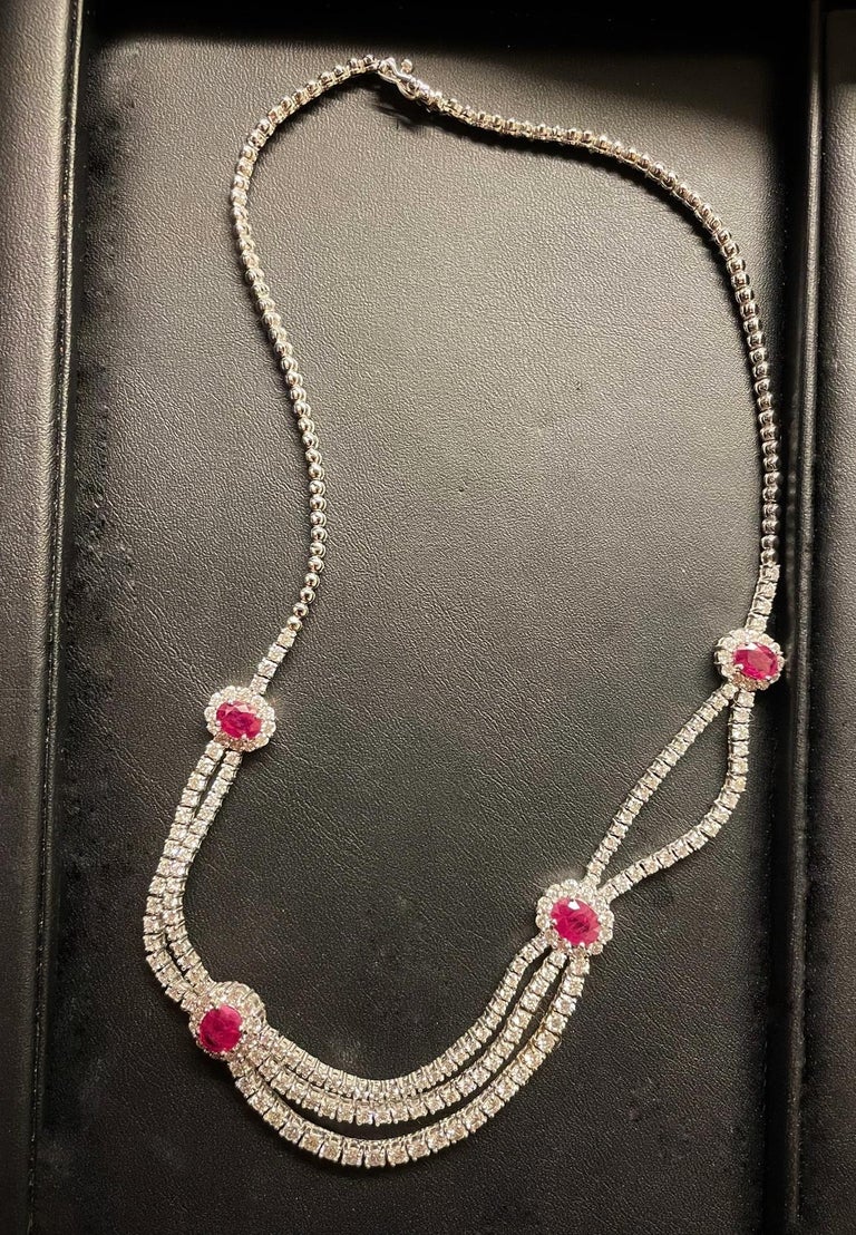 Vintage Diamond Ruby Necklace 18 Karat White Gold For Sale at 1stDibs