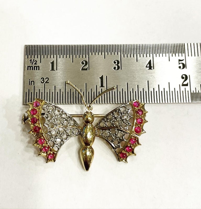 Diamond Ruby 18k Yellow White Gold Butterfly Pin Brooch For Sale at 1stDibs