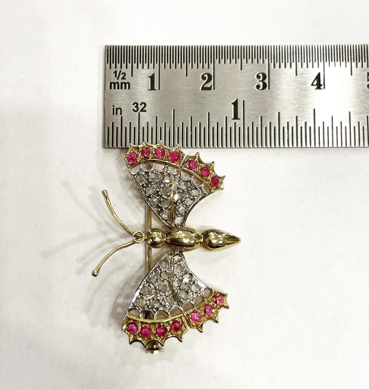 Diamond Ruby 18k Yellow White Gold Butterfly Pin Brooch For Sale at 1stDibs