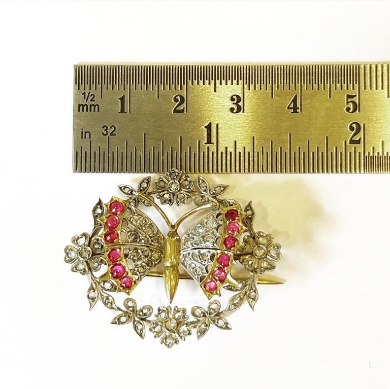 Diamond Ruby 18k Yellow White Gold Butterfly Pin Brooch For Sale at 1stDibs