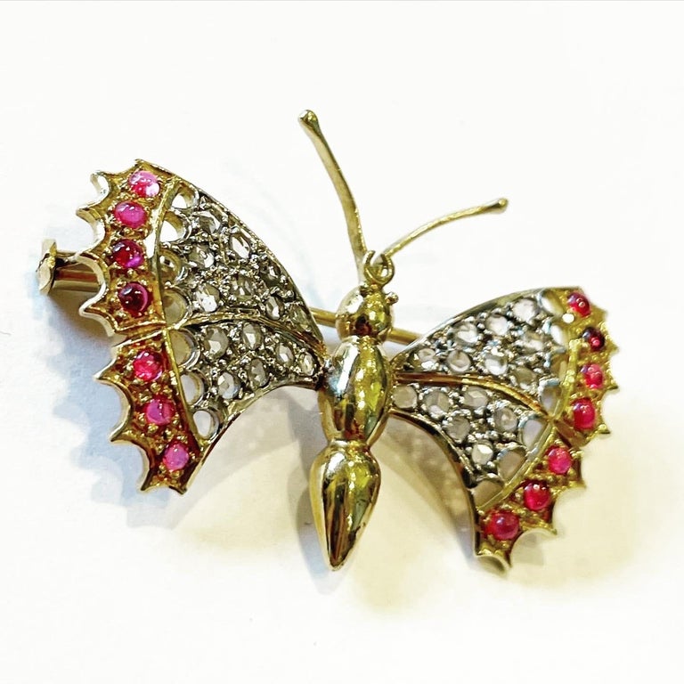 Diamond Ruby 18k Yellow White Gold Butterfly Pin Brooch For Sale at 1stDibs