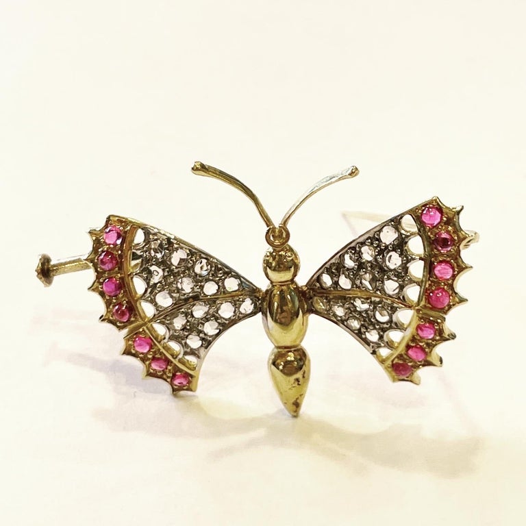 Diamond Ruby 18k Yellow White Gold Butterfly Pin Brooch For Sale at 1stDibs