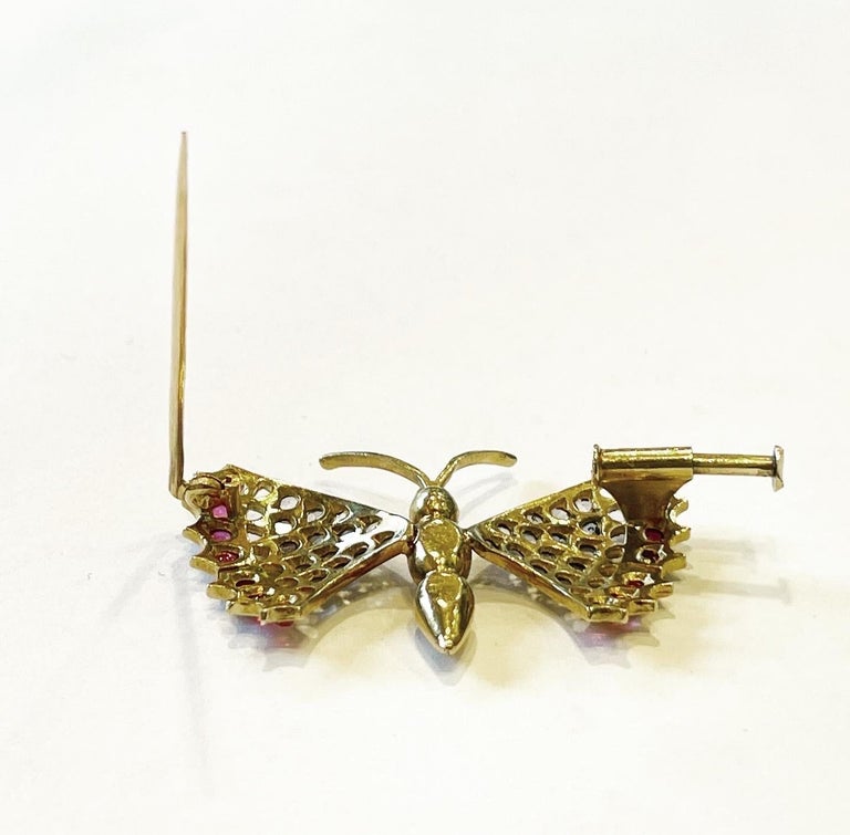 Diamond Ruby 18k Yellow White Gold Butterfly Pin Brooch For Sale at 1stDibs