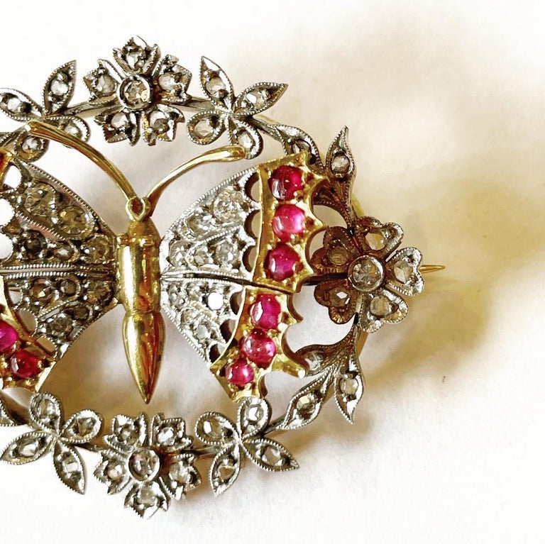 Diamond Ruby 18k Yellow White Gold Butterfly Pin Brooch For Sale at 1stDibs
