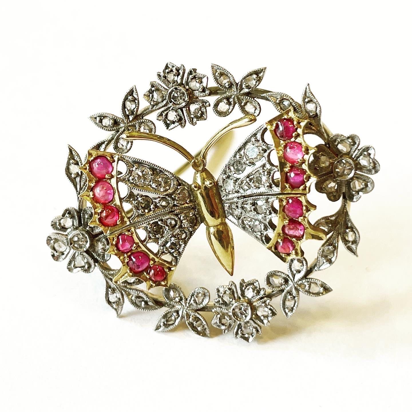 Diamond Ruby 18k Yellow White Gold Butterfly Pin Brooch For Sale at 1stDibs