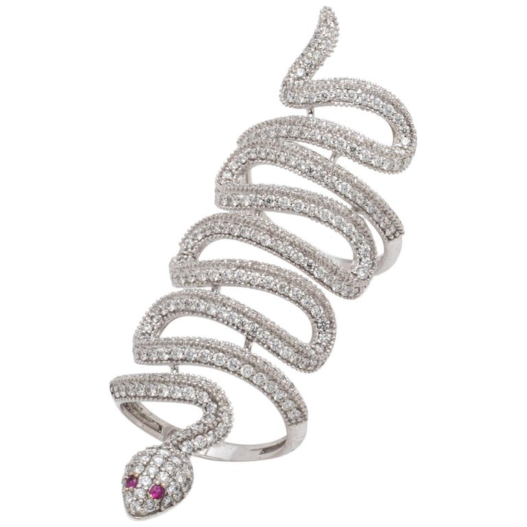 Diamond, Ruby and 18 Karat White Gold Snake Ring For Sale at 1stDibs