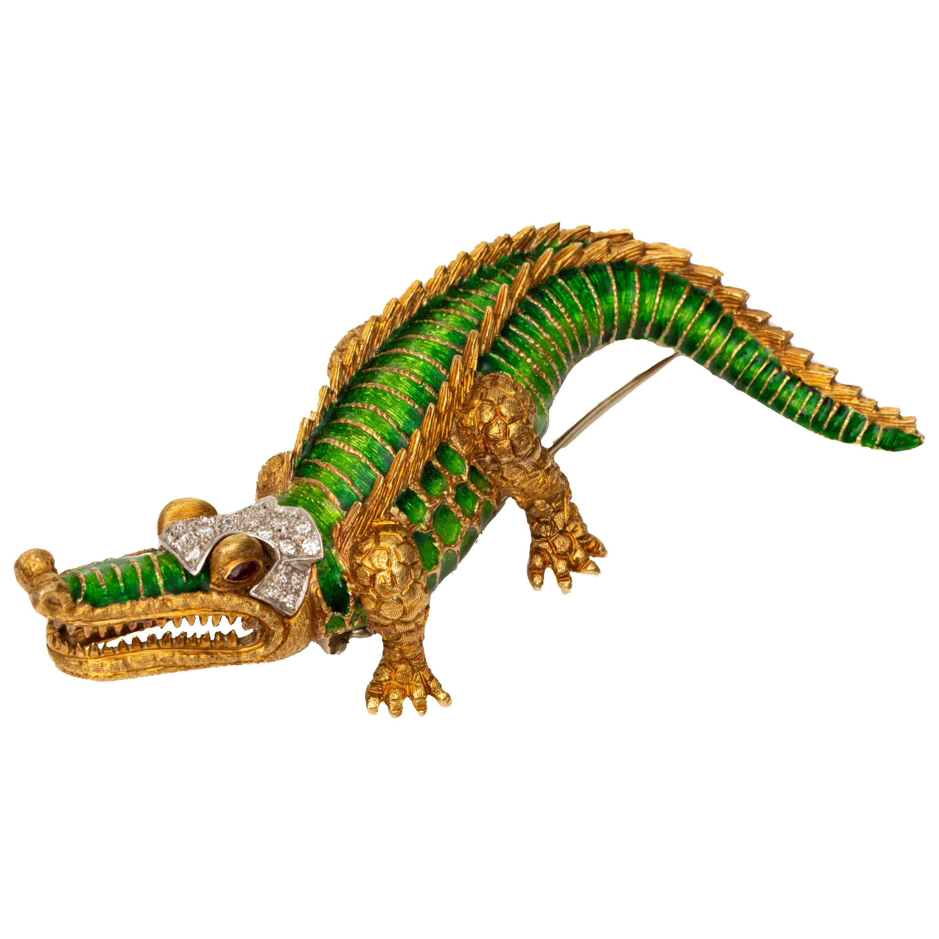 Diamond, Ruby and Enamel Alligator Pin Brooch, 18 Karat Gold at 1stDibs ...