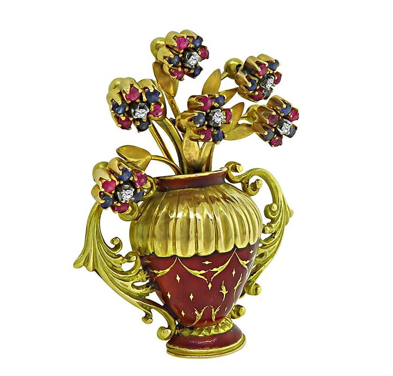 Diamond Ruby and Sapphire 18k Gold Enamel Pin For Sale at 1stDibs