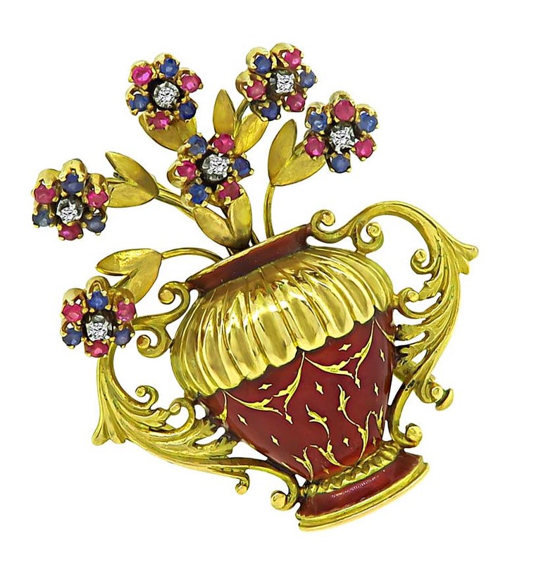 Diamond Ruby and Sapphire 18k Gold Enamel Pin For Sale at 1stDibs