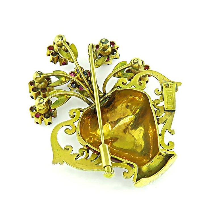 Diamond Ruby and Sapphire 18k Gold Enamel Pin For Sale at 1stDibs
