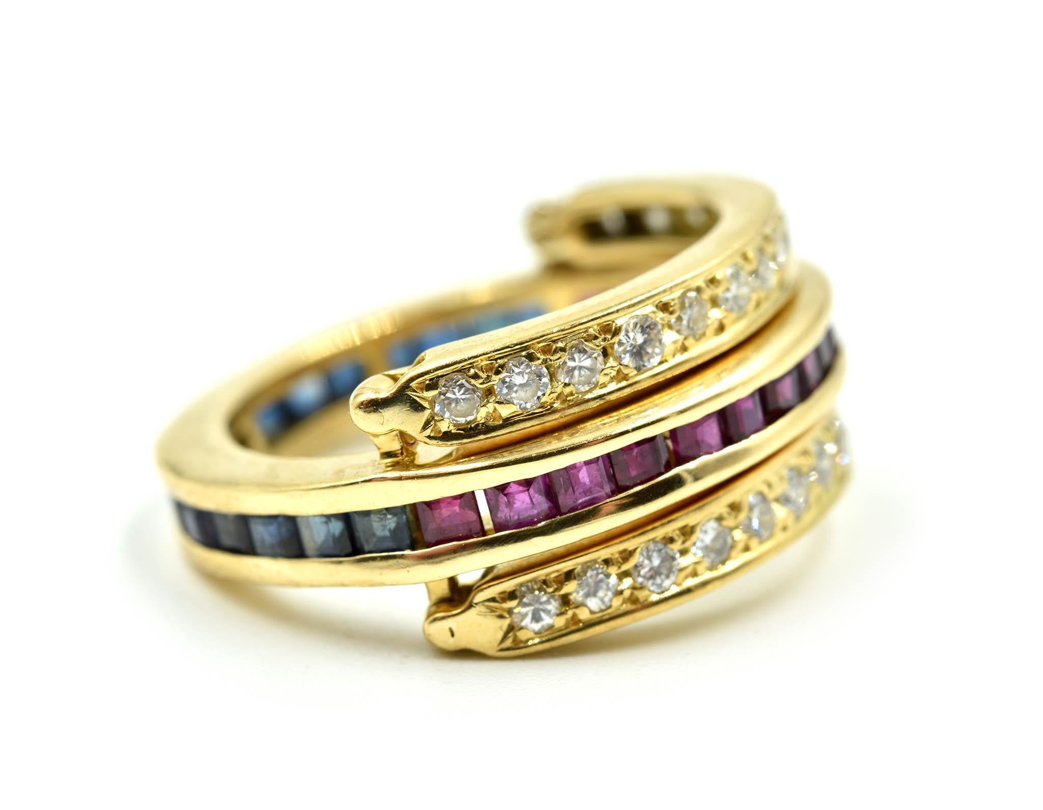 Diamond, Ruby and Sapphire Flip Ring 18 Karat Yellow Gold at 1stDibs