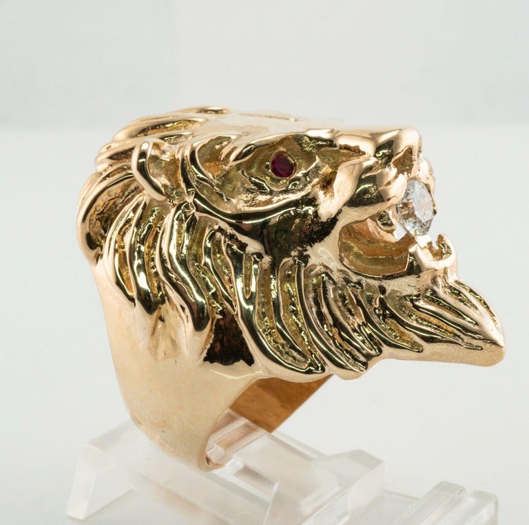 Diamond Ruby Animal Lion Ring 14K Gold Cocktail Vintage For Sale at 1stDibs