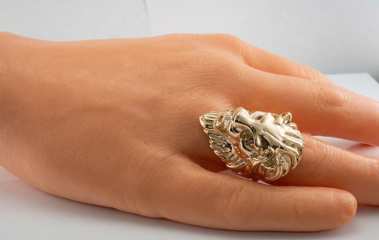 Diamond Ruby Animal Lion Ring 14K Gold Cocktail Vintage For Sale at 1stDibs