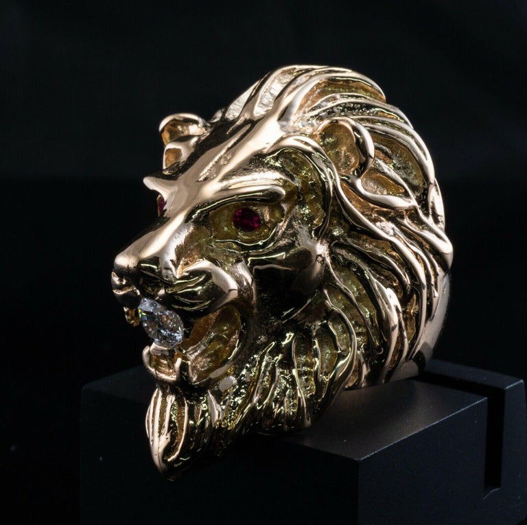 Diamond Ruby Animal Lion Ring 14K Gold Cocktail Vintage For Sale at 1stDibs