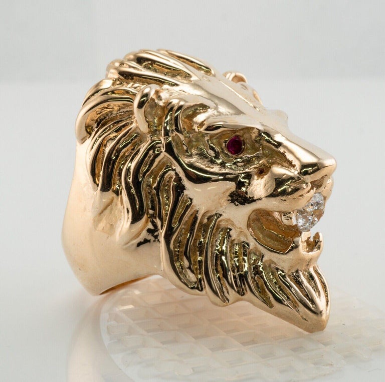Diamond Ruby Animal Lion Ring 14K Gold Cocktail Vintage For Sale at 1stDibs