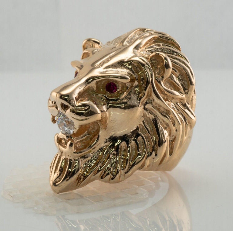 Diamond Ruby Animal Lion Ring 14K Gold Cocktail Vintage For Sale at 1stDibs