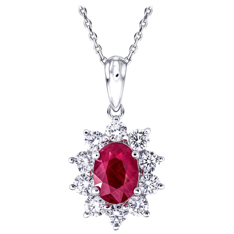 Ruby Cluster Pendant 18 Karat White Gold Round Brilliant Cut 0.60 Carat ...