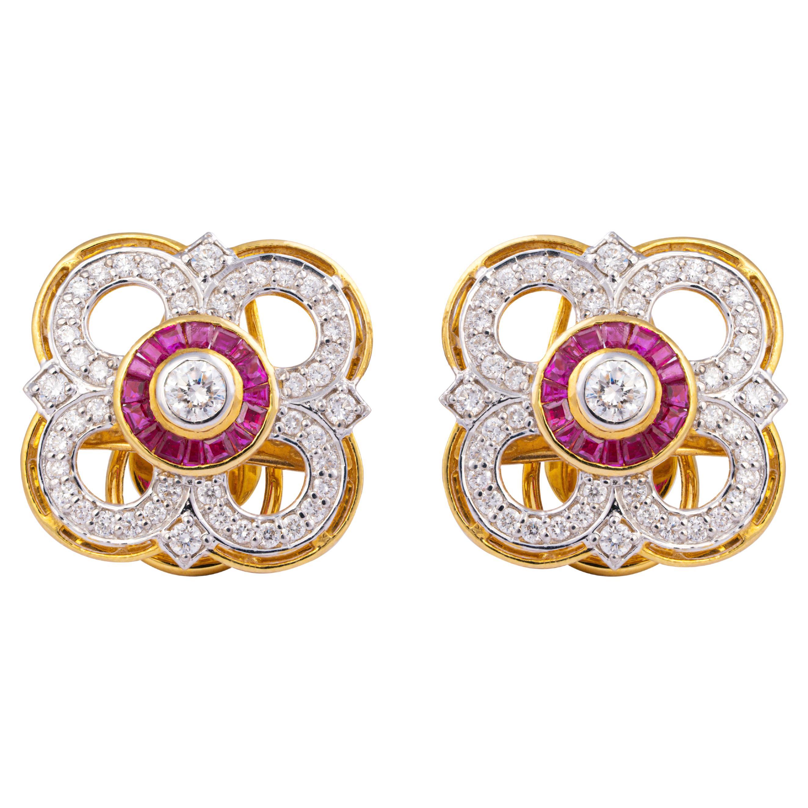 Ruby Diamond 18k Yellow Gold Fan Earrings For Sale at 1stDibs