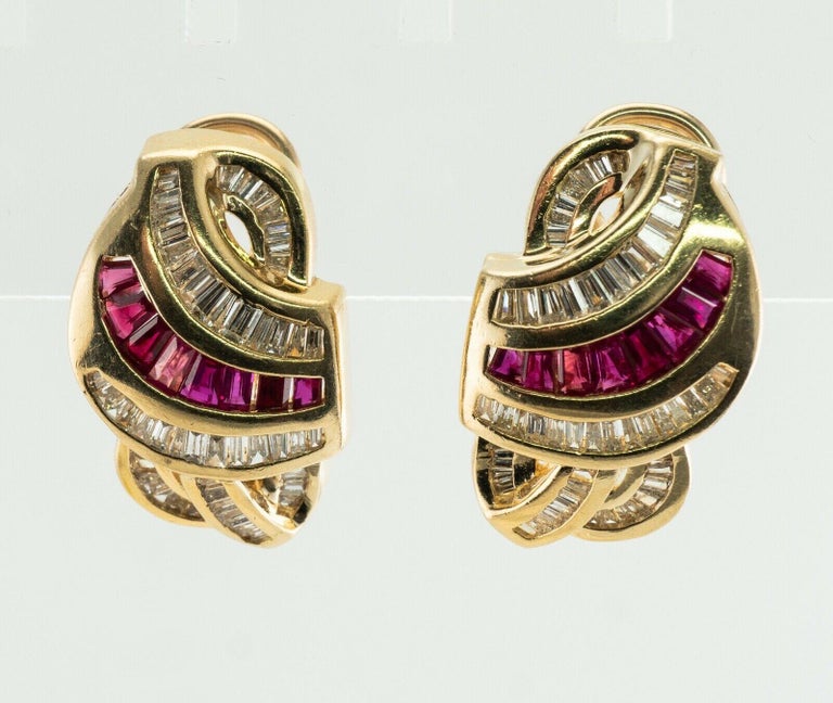 Diamond Ruby Earrings 14K Gold Estate Omega Backs For Sale at 1stDibs