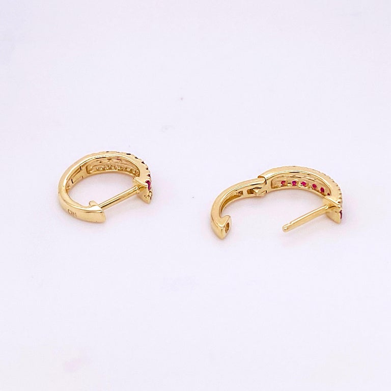 Diamond Ruby Earrings Hoops, 14 Karat Gold Huggies w Rubies and ...