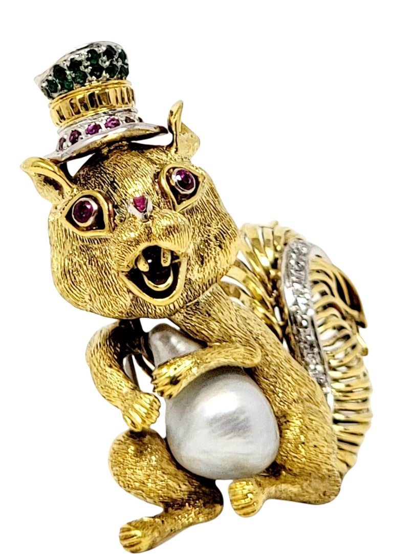 Diamond, Ruby, Emerald and Pearl Squirrel Brooch 14 Karat Yellow and ...