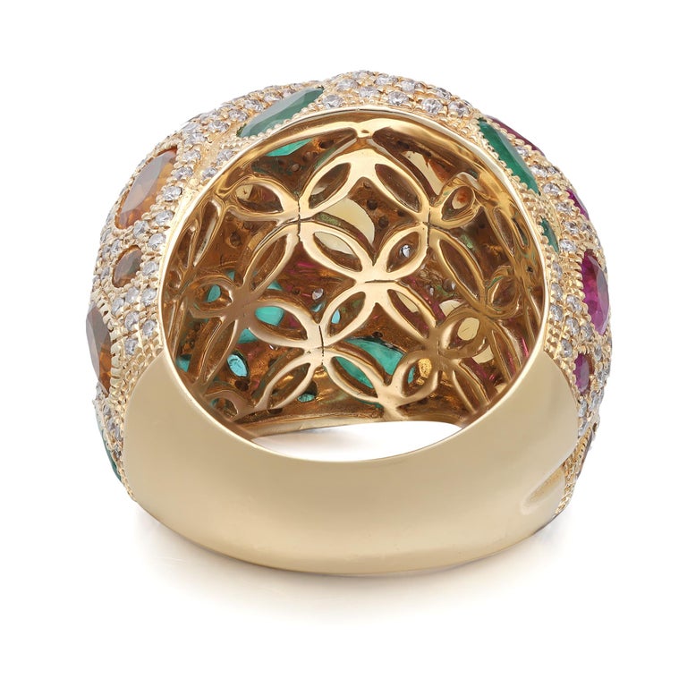 Diamond Ruby Emerald and Citrine Cocktail Dome Ring 18K Yellow Gold For Sale at 1stDibs