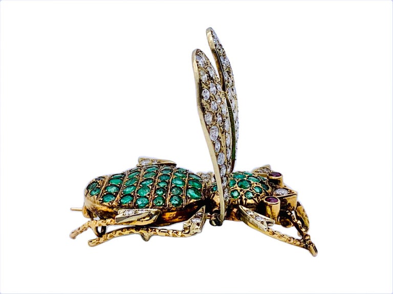 Vintage Retro Diamond Emerald Ruby Gold Insect May Beetle Brooch at 1stDibs