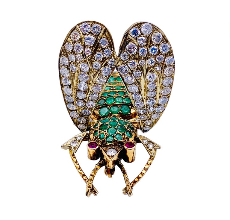 Vintage Retro Diamond Emerald Ruby Gold Insect May Beetle Brooch at 1stDibs