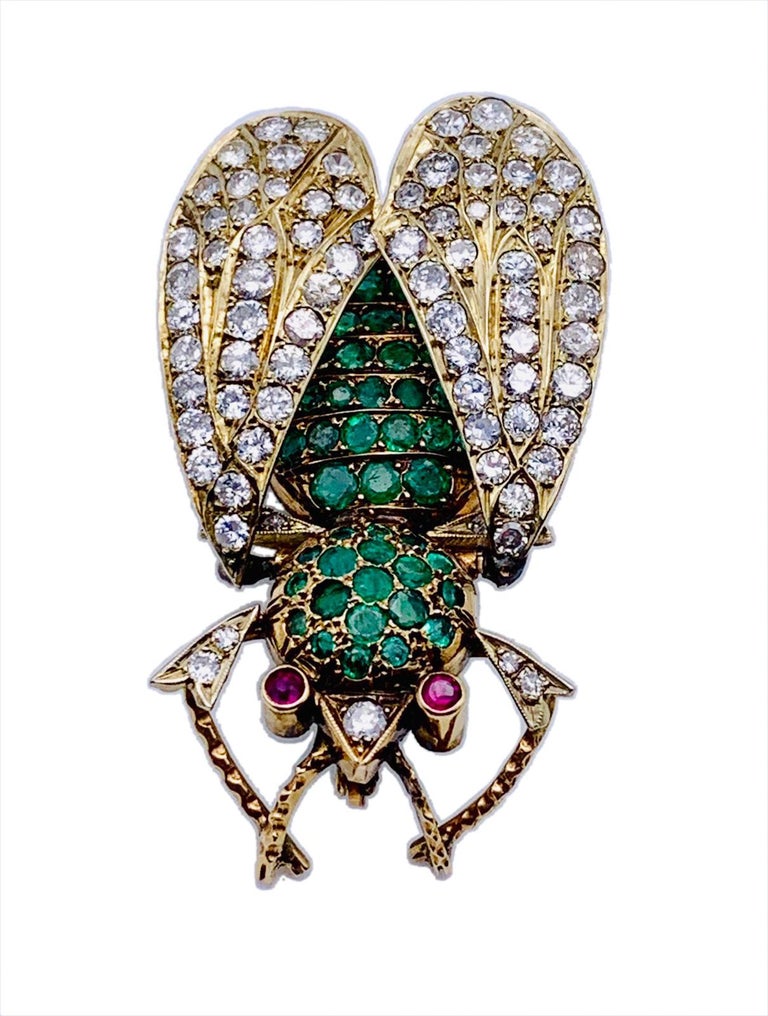 Vintage Retro Diamond Emerald Ruby Gold Insect May Beetle Brooch at 1stDibs