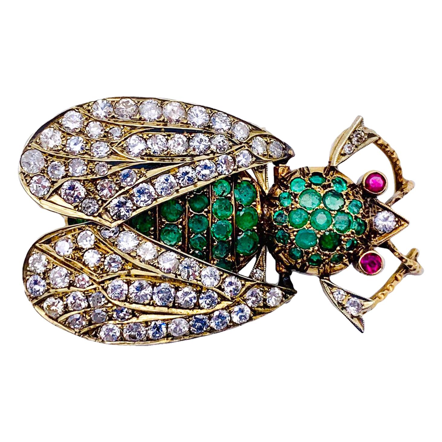 Vintage Retro Diamond Emerald Ruby Gold Insect May Beetle Brooch at 1stDibs