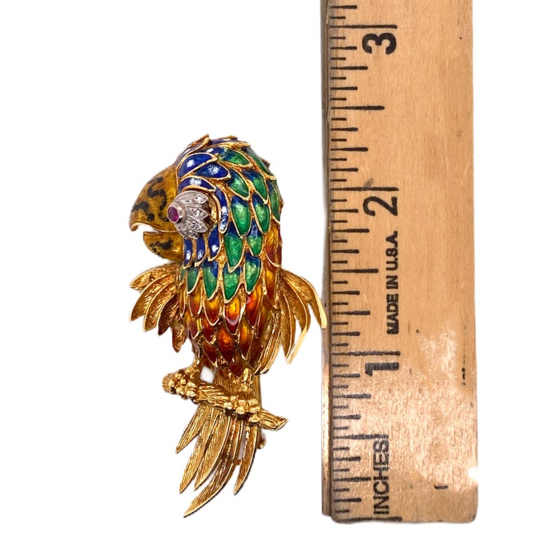 Diamond Ruby Enamel Parrot Pin Brooch 18 Karat Yellow Gold at 1stDibs