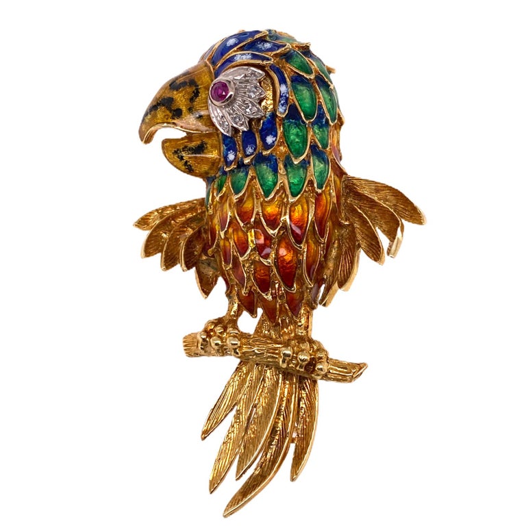 Diamond Ruby Enamel Parrot Pin Brooch 18 Karat Yellow Gold at 1stDibs