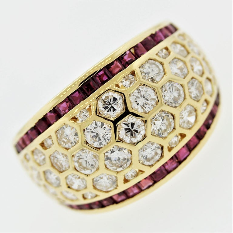 Diamond Ruby Honeycomb Gold Band Ring For Sale at 1stDibs