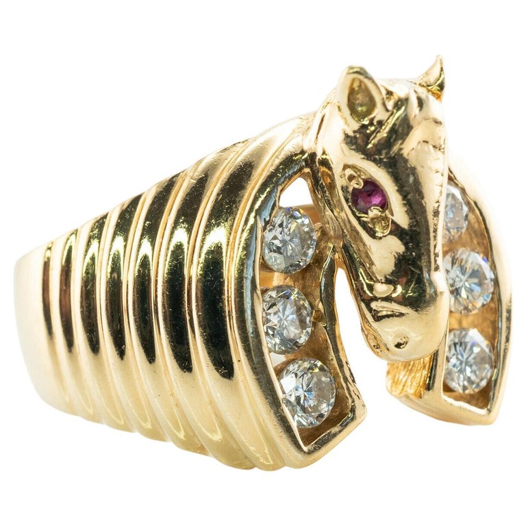 Diamond Ruby Horse Ring 14K Gold Horseshoe Band Vintage For Sale at 1stDibs
