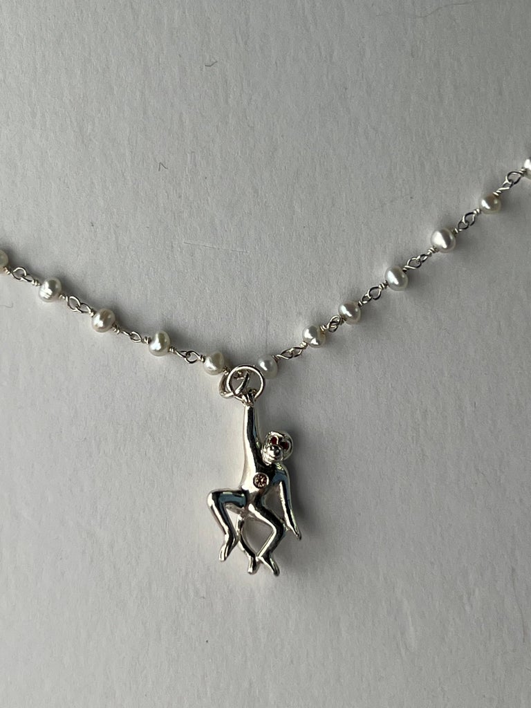 Diamond Ruby Monkey Silver Pearl Rosario Necklace J Dauphin For Sale at ...