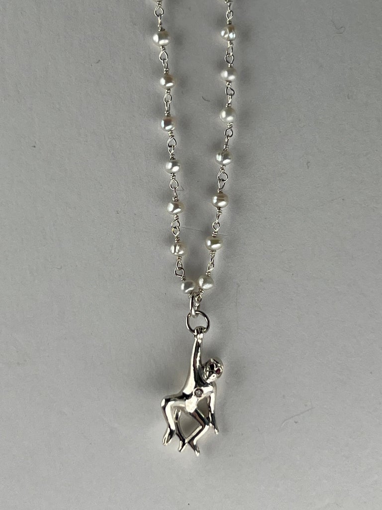 Diamond Ruby Monkey Silver Pearl Rosario Necklace J Dauphin For Sale at 1stDibs