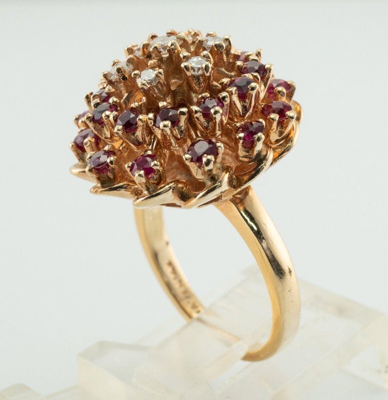 Diamond Ruby Ring 14K Gold Vintage Cocktail For Sale at 1stDibs