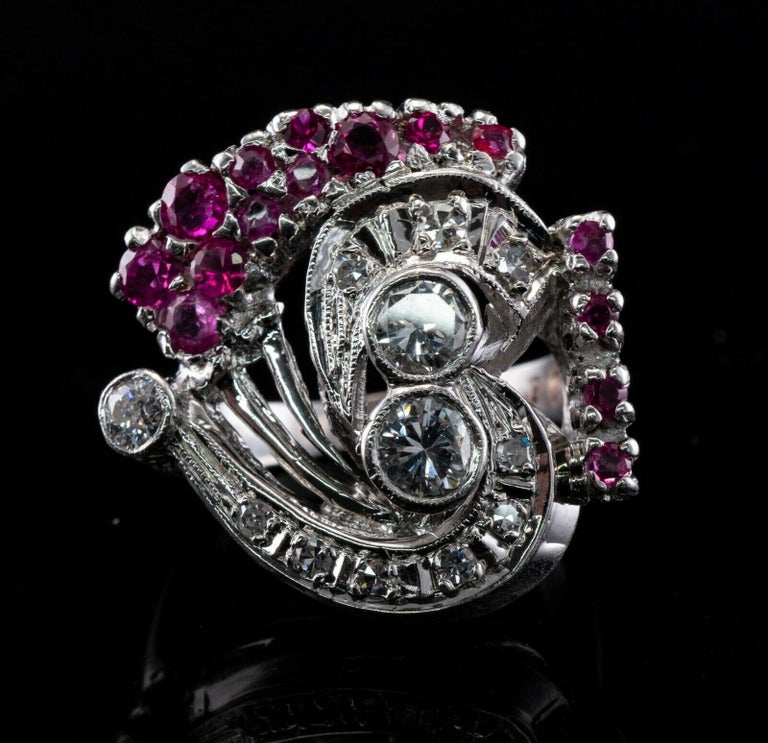 Diamond Ruby Ring 14K White Gold Vintage Estate For Sale at 1stDibs