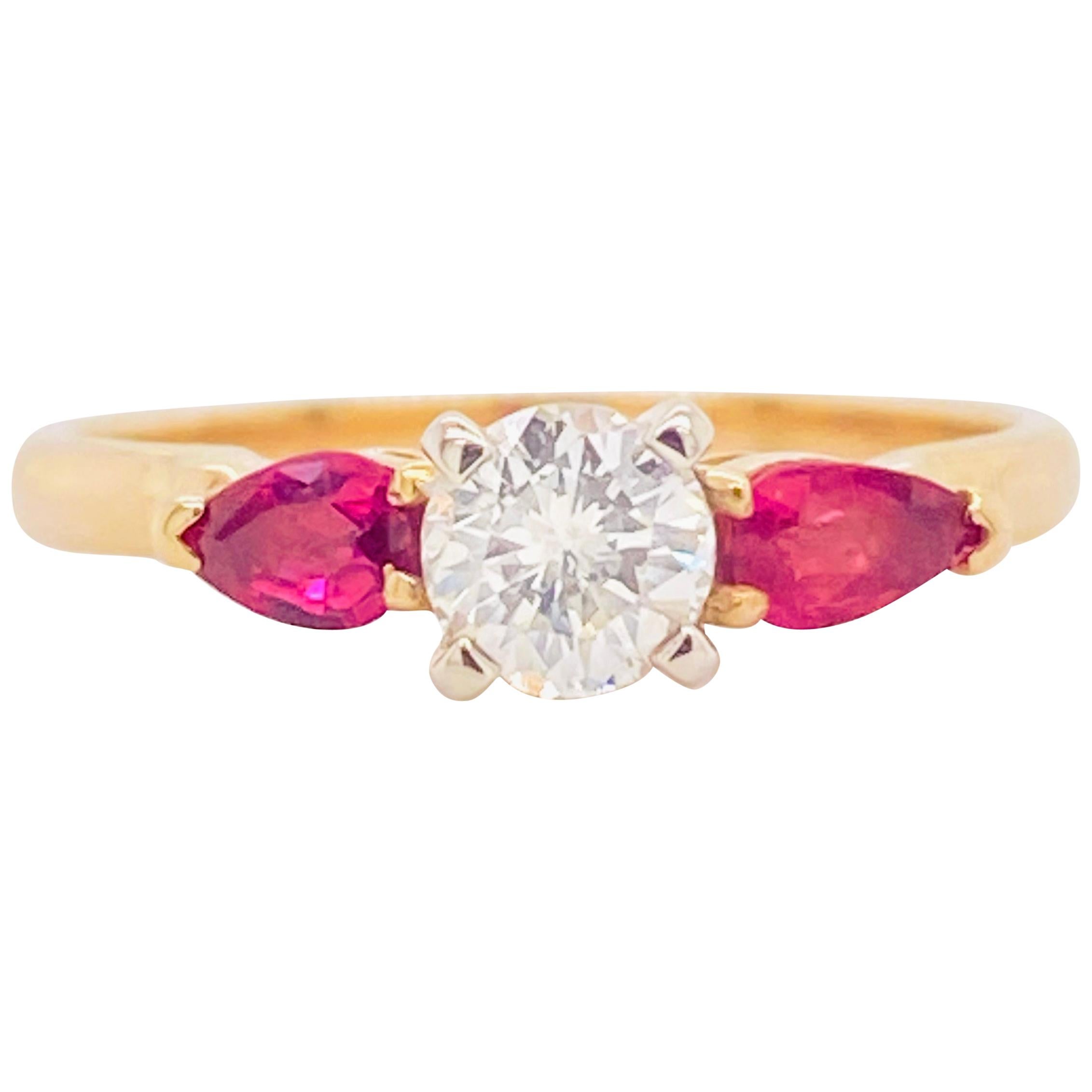Marquise Shaped Ruby Diamond Three Stone Ring at 1stDibs