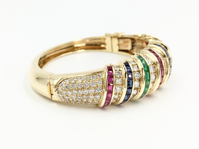 Diamond, Ruby, Sapphire and Emerald 18 Karat Gold Wide Bangle Bracelet ...