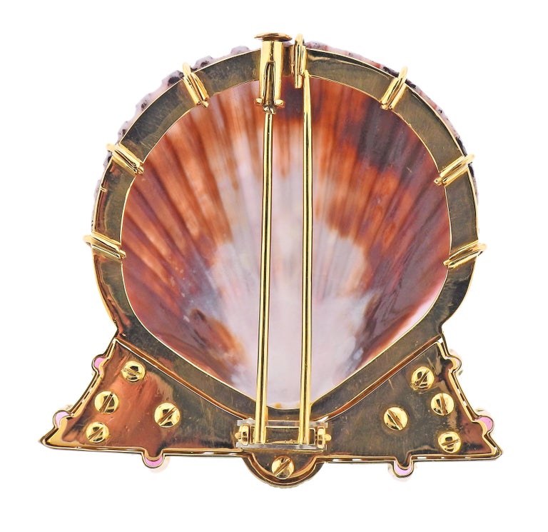 Diamond Ruby Shell Gold Brooch Pin For Sale at 1stDibs