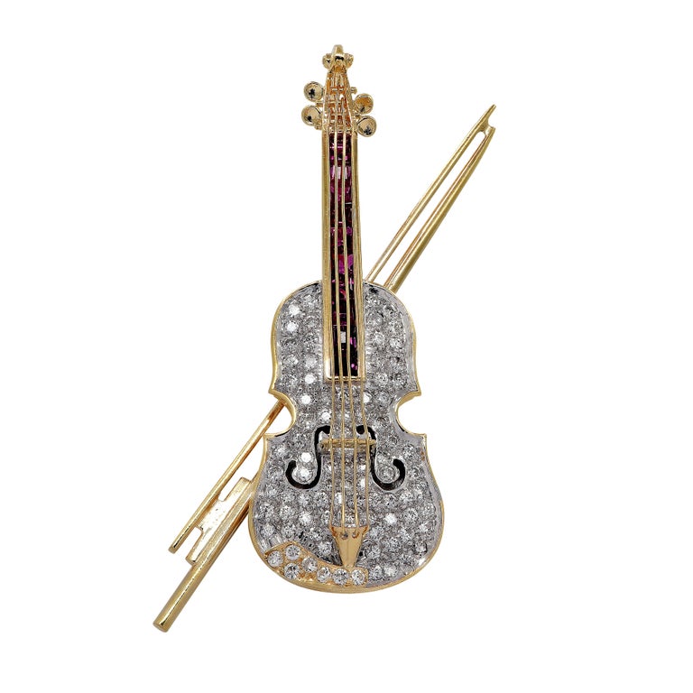 Diamond and Ruby Violin Brooch Pin at 1stDibs | diamond violin