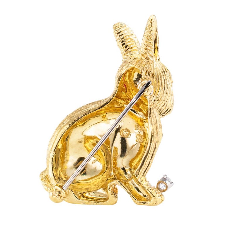 Diamond Ruby Yellow Gold Bunny Rabbit Brooch at 1stDibs
