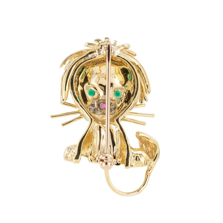 Diamond Ruby Yellow Gold Lion Brooch at 1stDibs
