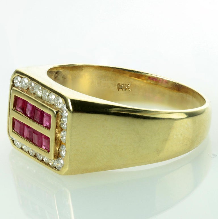 Diamond Ruby Yellow Gold Rectangular Men's Ring at 1stDibs