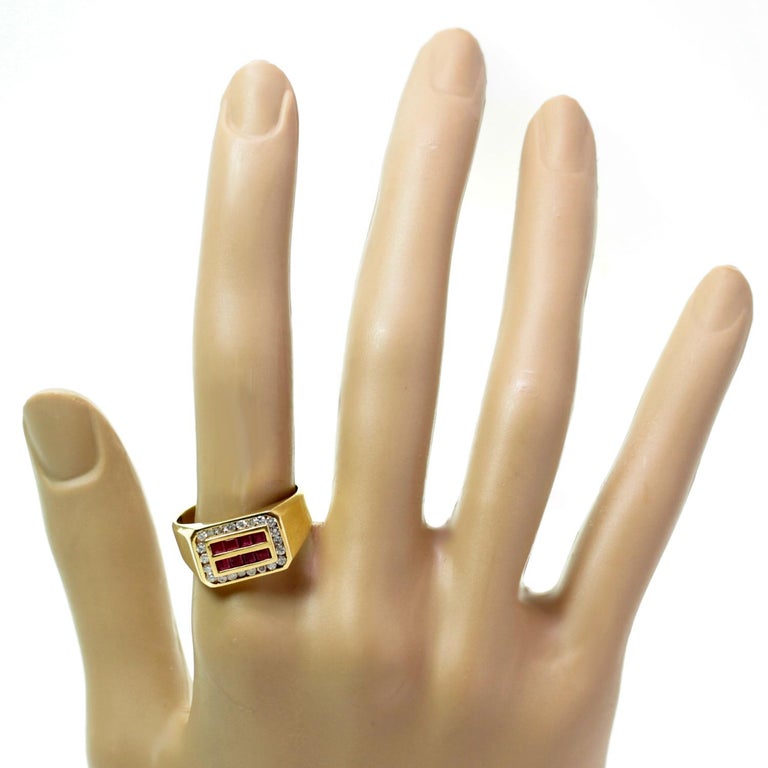 Diamond Ruby Yellow Gold Rectangular Men's Ring at 1stDibs