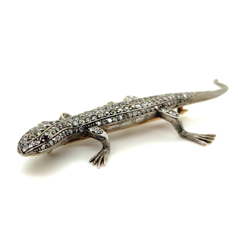 Diamond Salamander Ruby Eyes Gold Vintage Brooch Pin Estate Fine ...