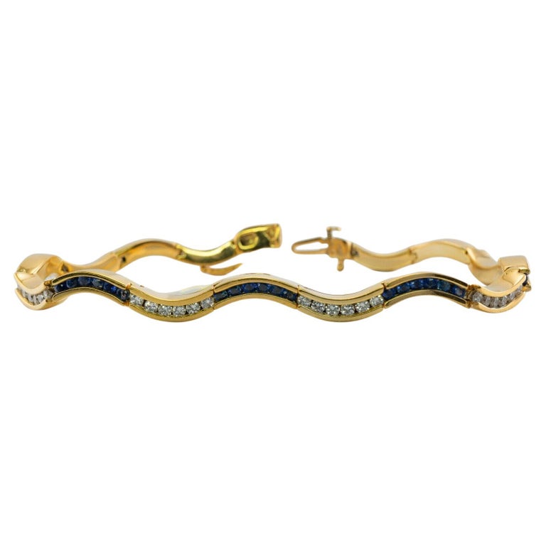 Diamond Sapphire Bracelet 14K Gold Wave Curvy For Sale at 1stDibs