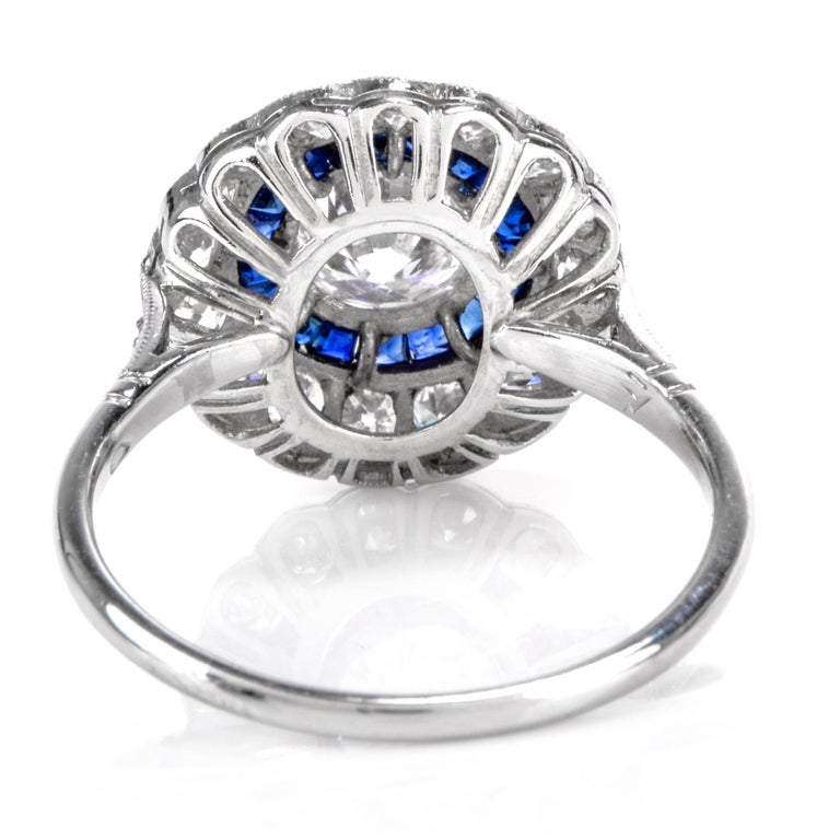 Diamond Sapphire Double Halo Platinum Cocktail RIng For Sale at 1stDibs